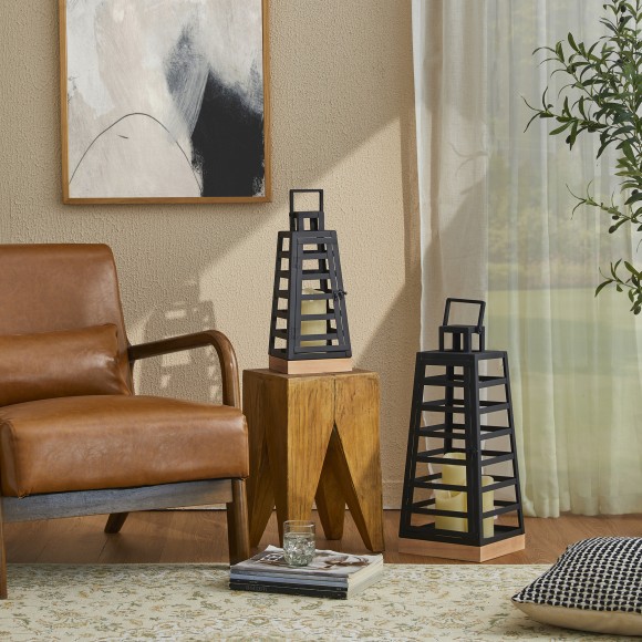[OFFICIAL] Glitzhome Set of 2 Modern Trapezoid Metal/Wood Black Lanterns